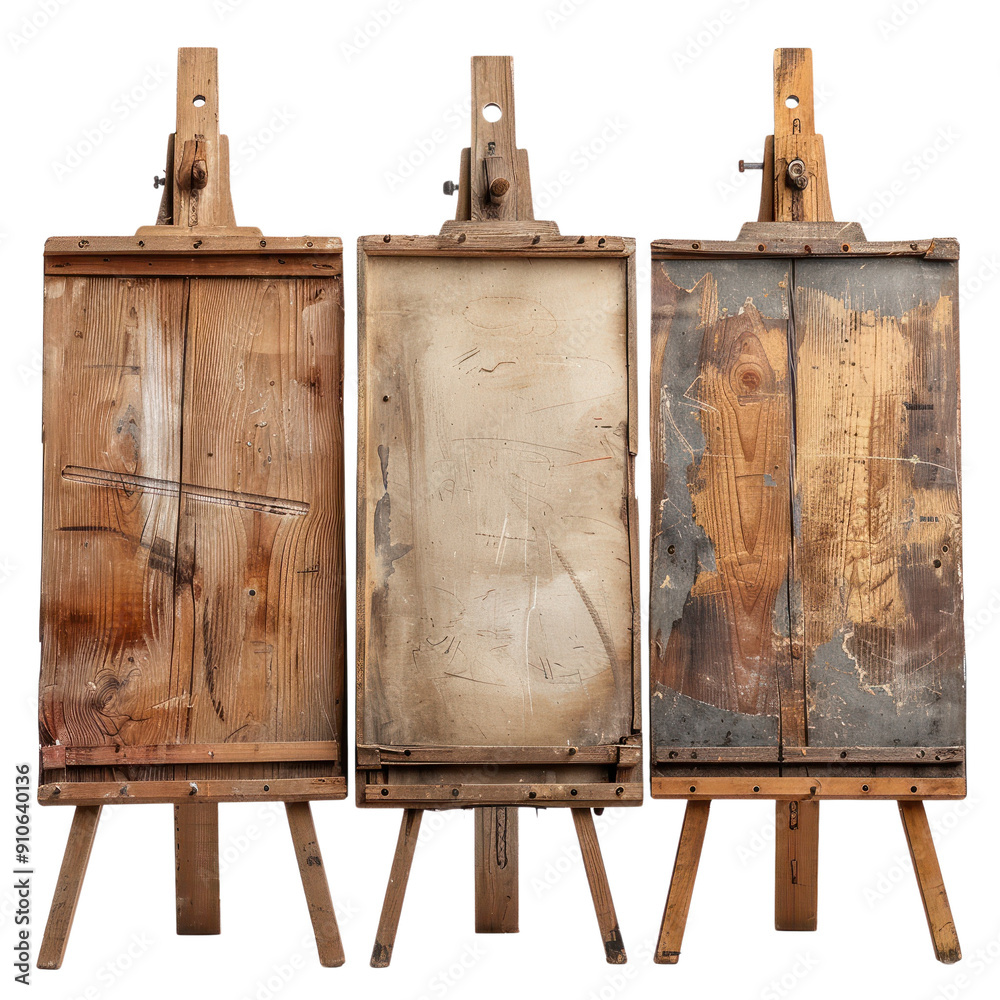 Three wooden easels with blank canvases, perfect for showcasing ...