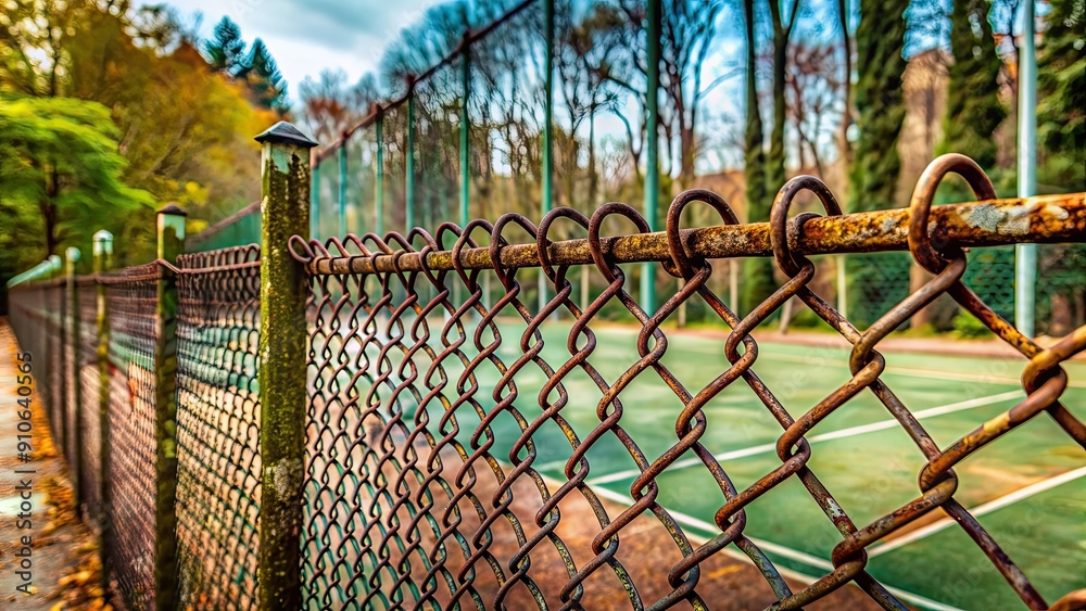 Decayed iron fence from a forgotten tennis court , abandonment, rusted ...