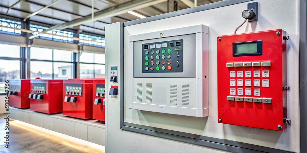 A modern electronic fire alarm system control panel is displayed on a ...
