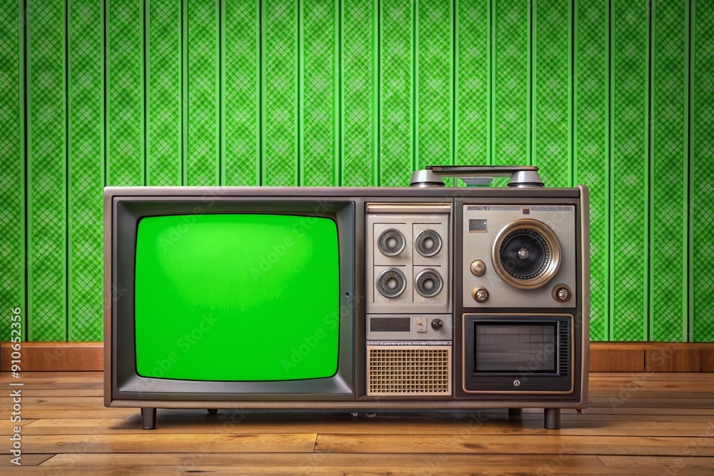 Retro vintage black television set with a green screen displaying ...