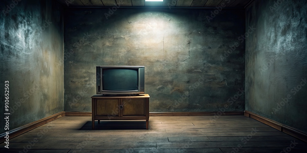 Dark room with a dusty box TV in the corner , abandoned, old, vintage ...