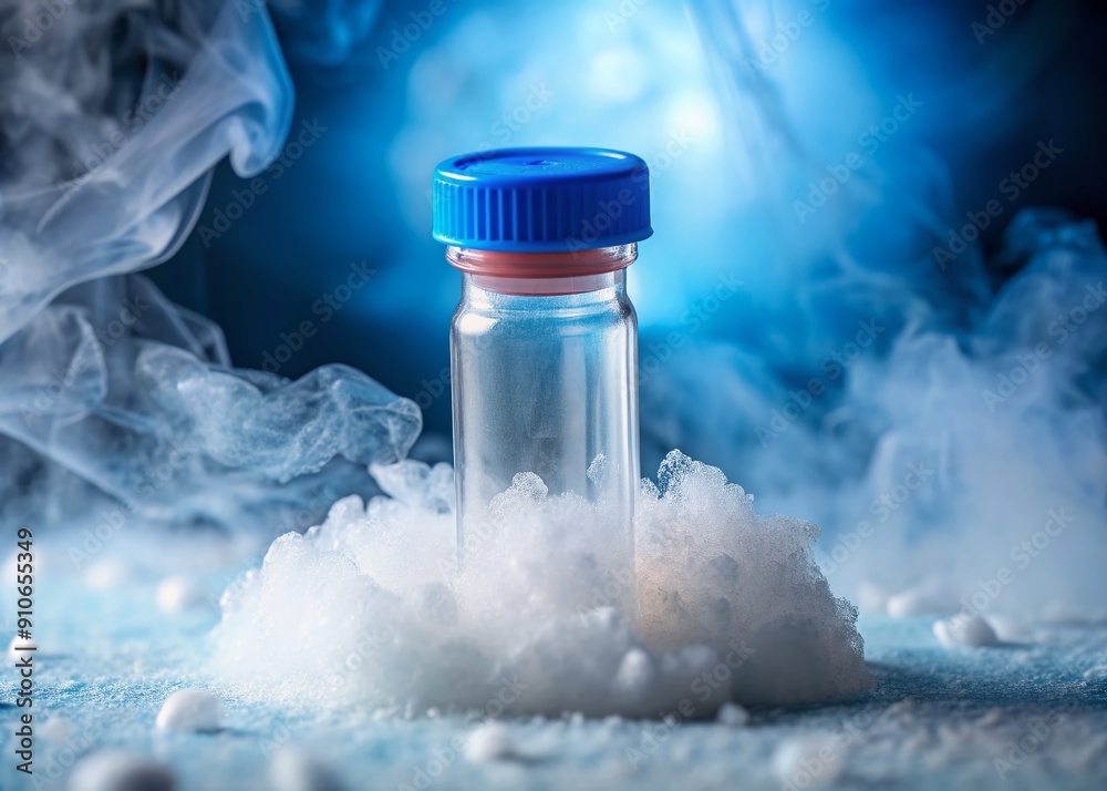Frosted vial containing cryopreserved stem cells in culture medium with ...