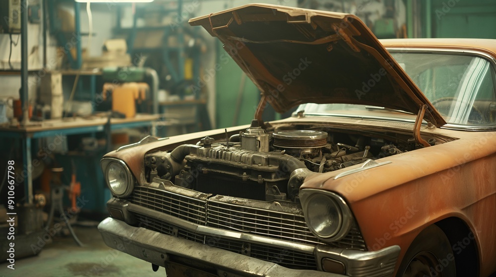 Rusty Classic Car in a Garage: A vintage car with a rusted exterior sits with its hood open ...