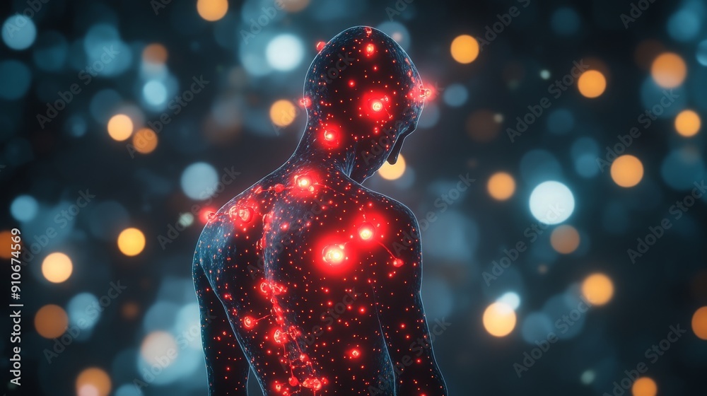 Artistic depiction of a human silhouette with glowing red spots on the ...