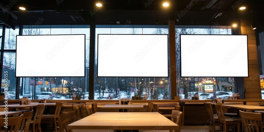 Restaurant Interior with Three Blank Screens,a restaurant with big ...
