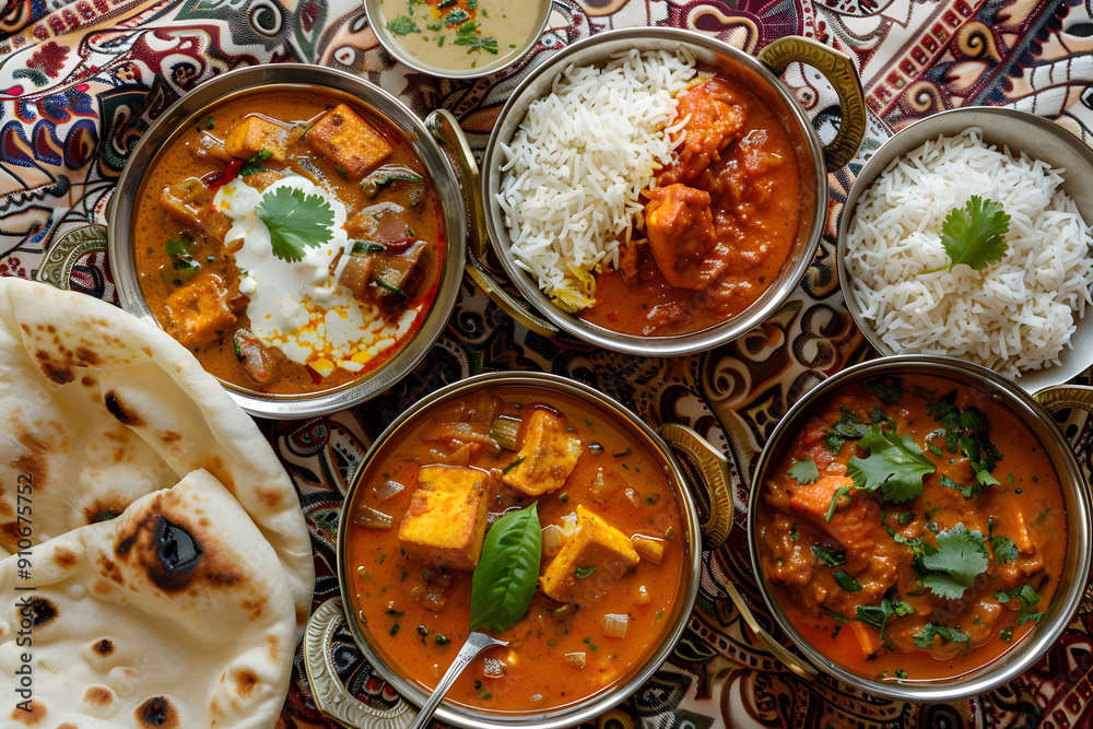 A vibrant spread of Indian curries with butter chicken, vegetable ...
