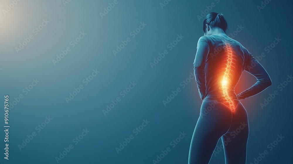 Image of a person standing with their hands on their lower back, with a ...