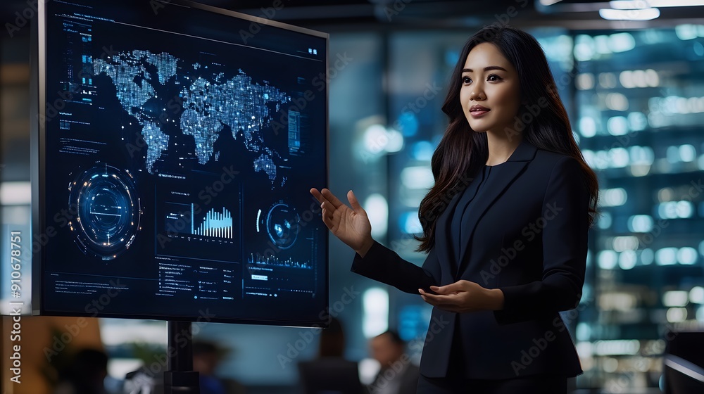 Businesswoman standing sideways, presenting an innovative tech solution ...