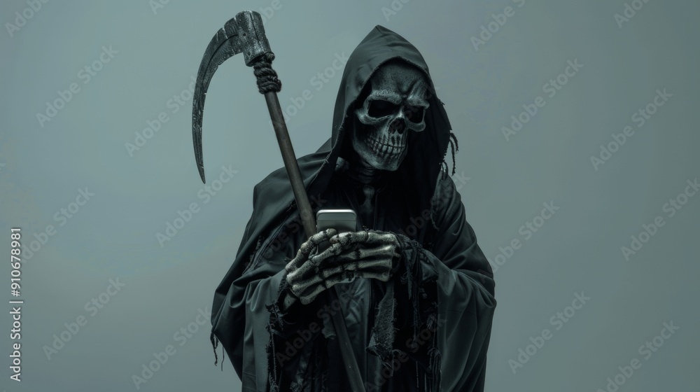 scary grim reaper holding a scythe and a mobile phone in his hands with ...