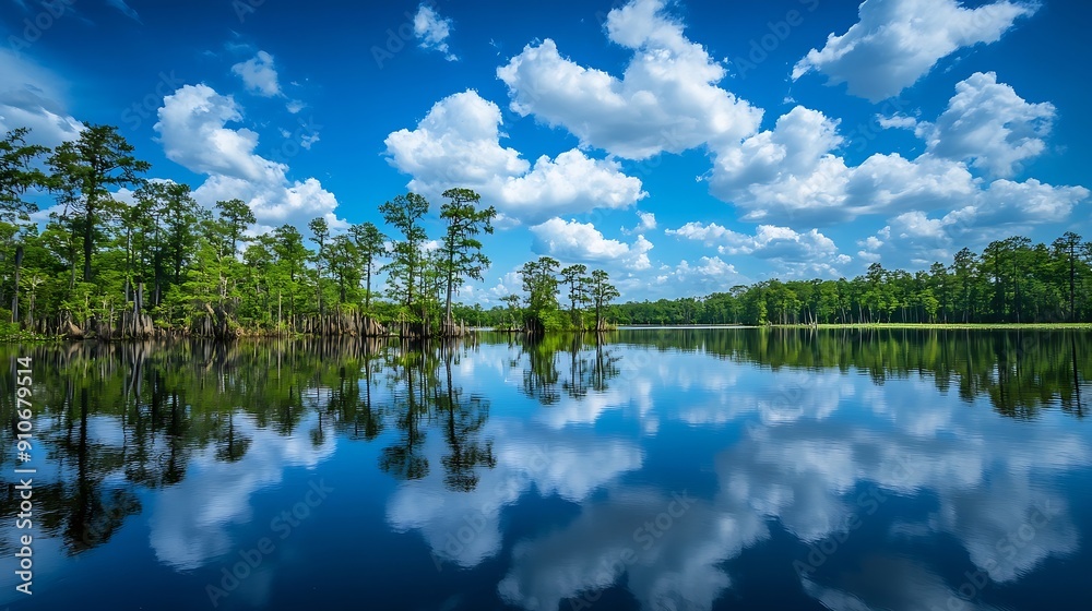 Still water mirrors the vivid blue sky and green cypress trees with ...
