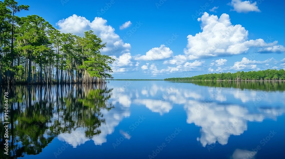 Still water mirrors the vivid blue sky and green cypress trees with ...