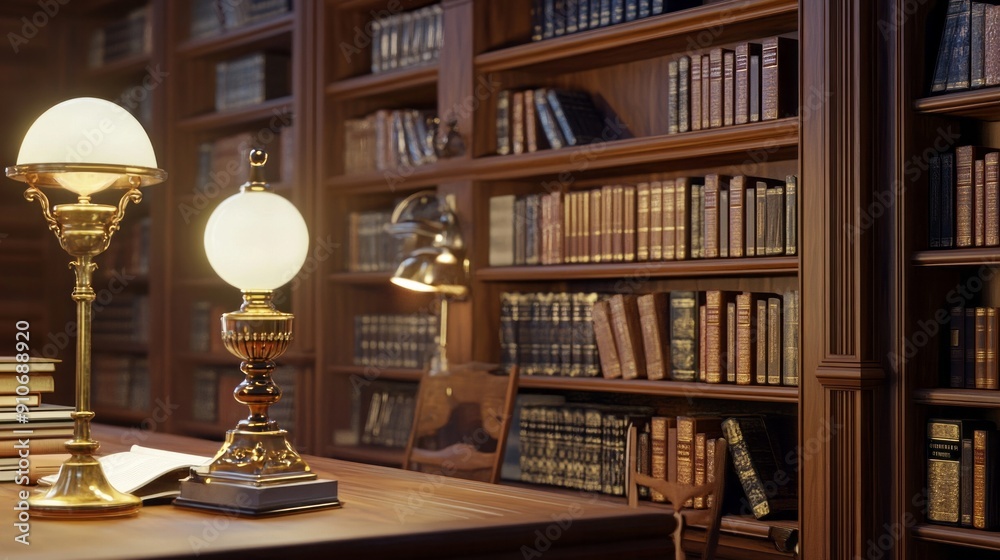 Vintage library with wooden bookshelves. Featuring a reading table ...