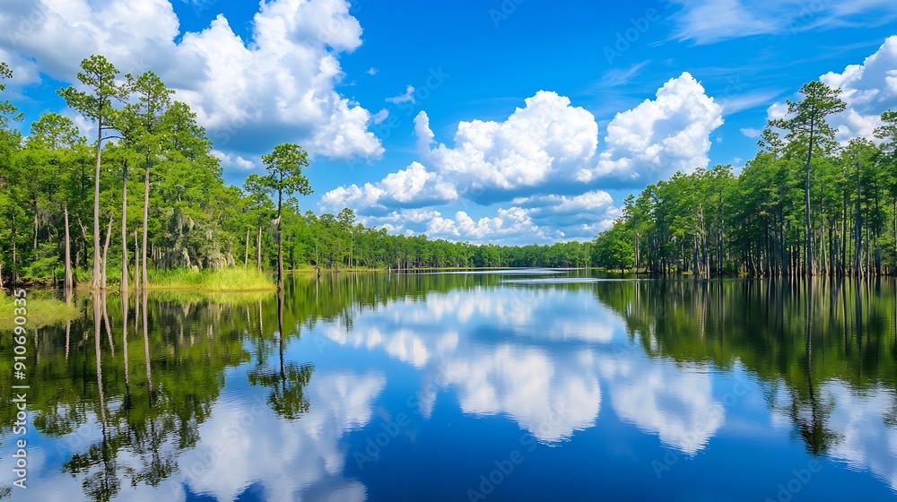 Still water mirrors the vivid blue sky and green cypress trees with ...