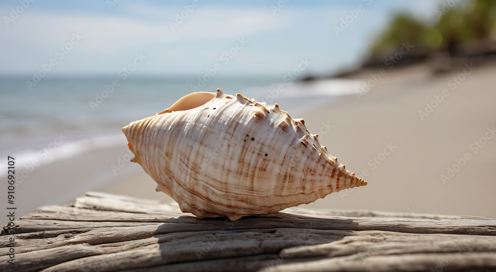 A Single Elegant Conch Shell Resting on a Piece of Driftwood with a ...