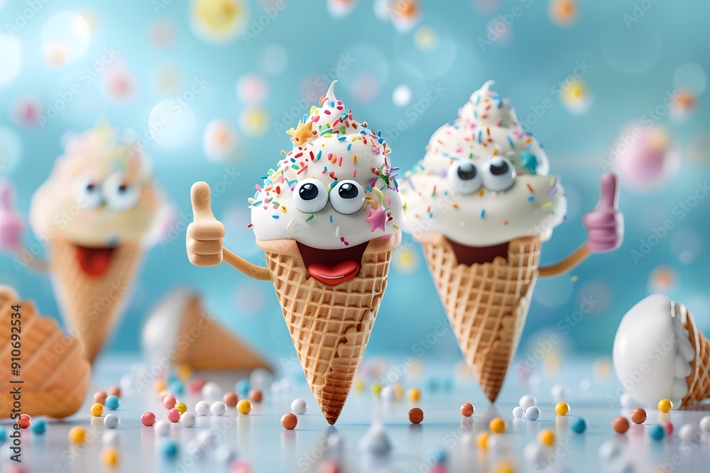 Ice cream cone character with googly eyes and sprinkle arms, giving a ...