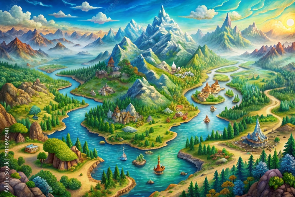 Vibrant, intricately illustrated map of a mystical realm featuring ...