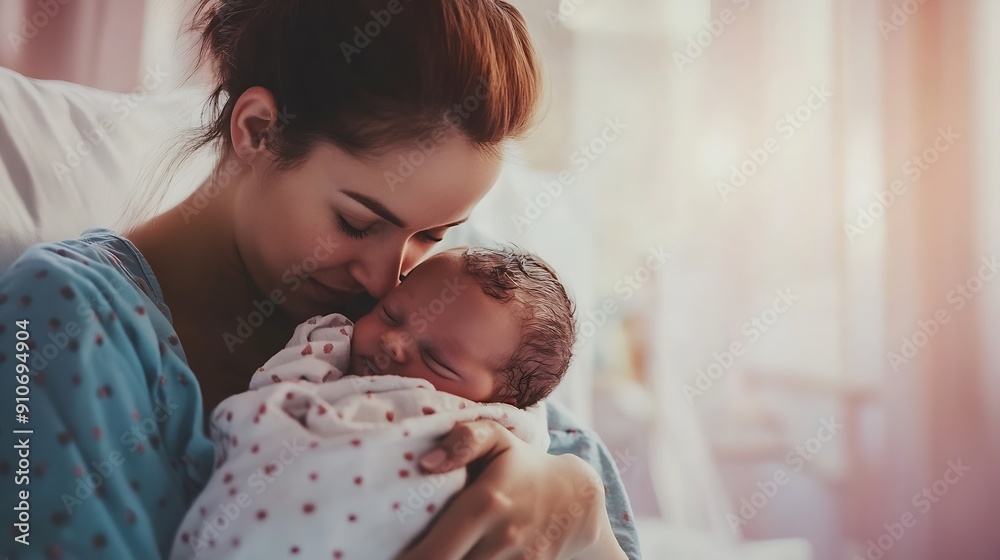 Mother and newborn Child birth in maternity hospital Young mom hugging her newborn baby after ...