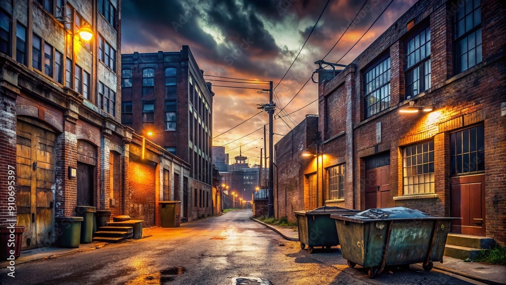 Moody night scene of a distressed urban street lined with rusty ...