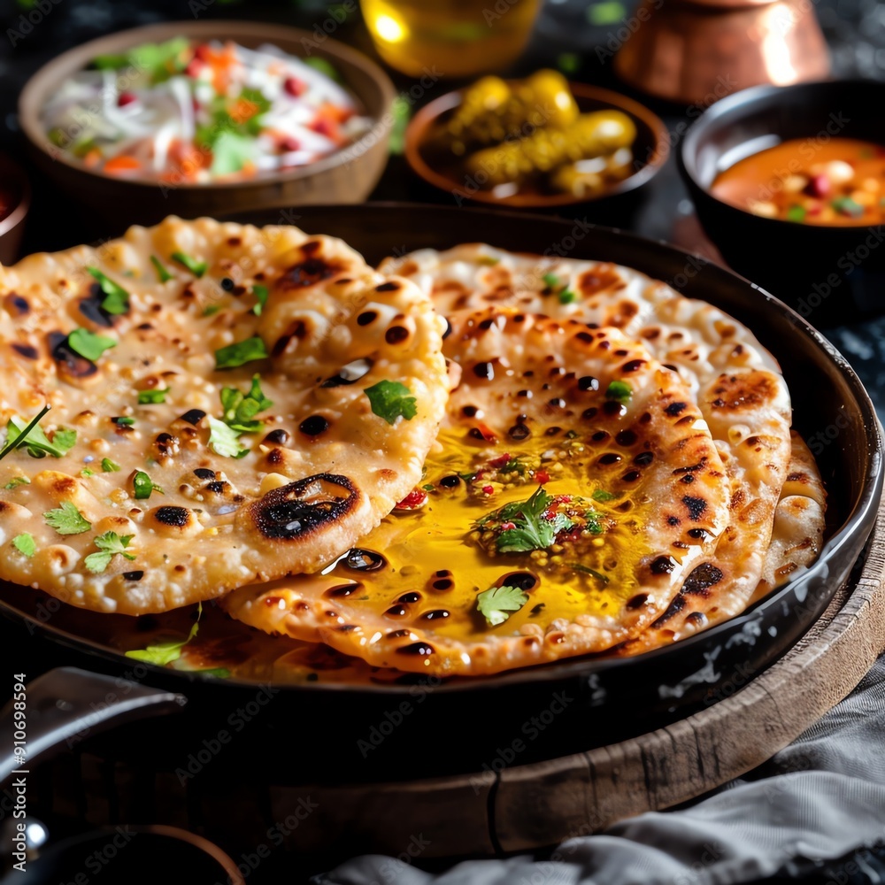 Indian paratha dripping with ghee, served with salty pickles, homely ...