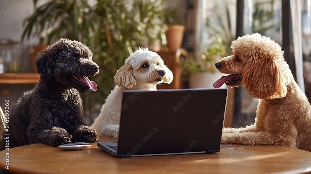 Dog talking to dog friends in video conference Group of dogs having an ...