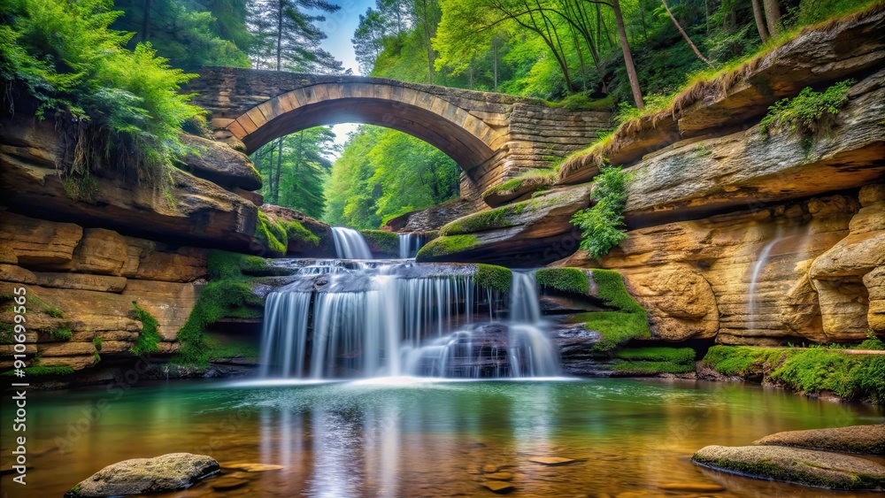 Cascading waterfall flowing under arch bridge in Hocking Hills State ...