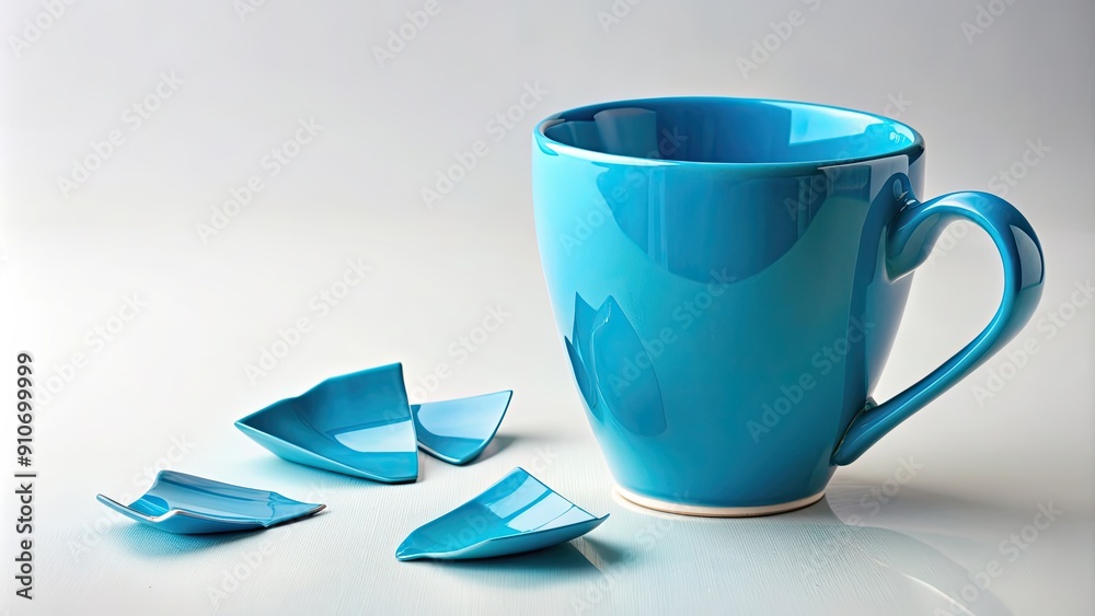Broken blue mug with a shattered piece laying next to it, broken, blue ...