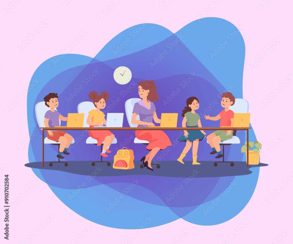 Cartoon teacher and students using laptops in classroom. Woman and ...