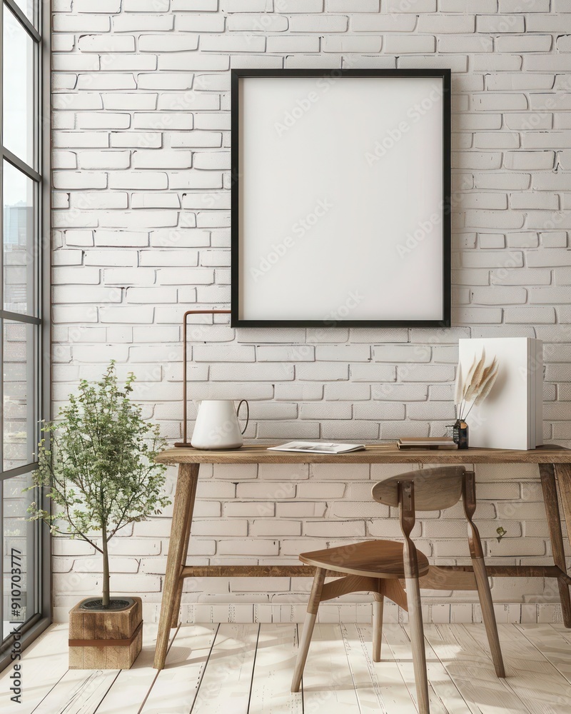 Home office interior background with a mockup frame in mid-century ...