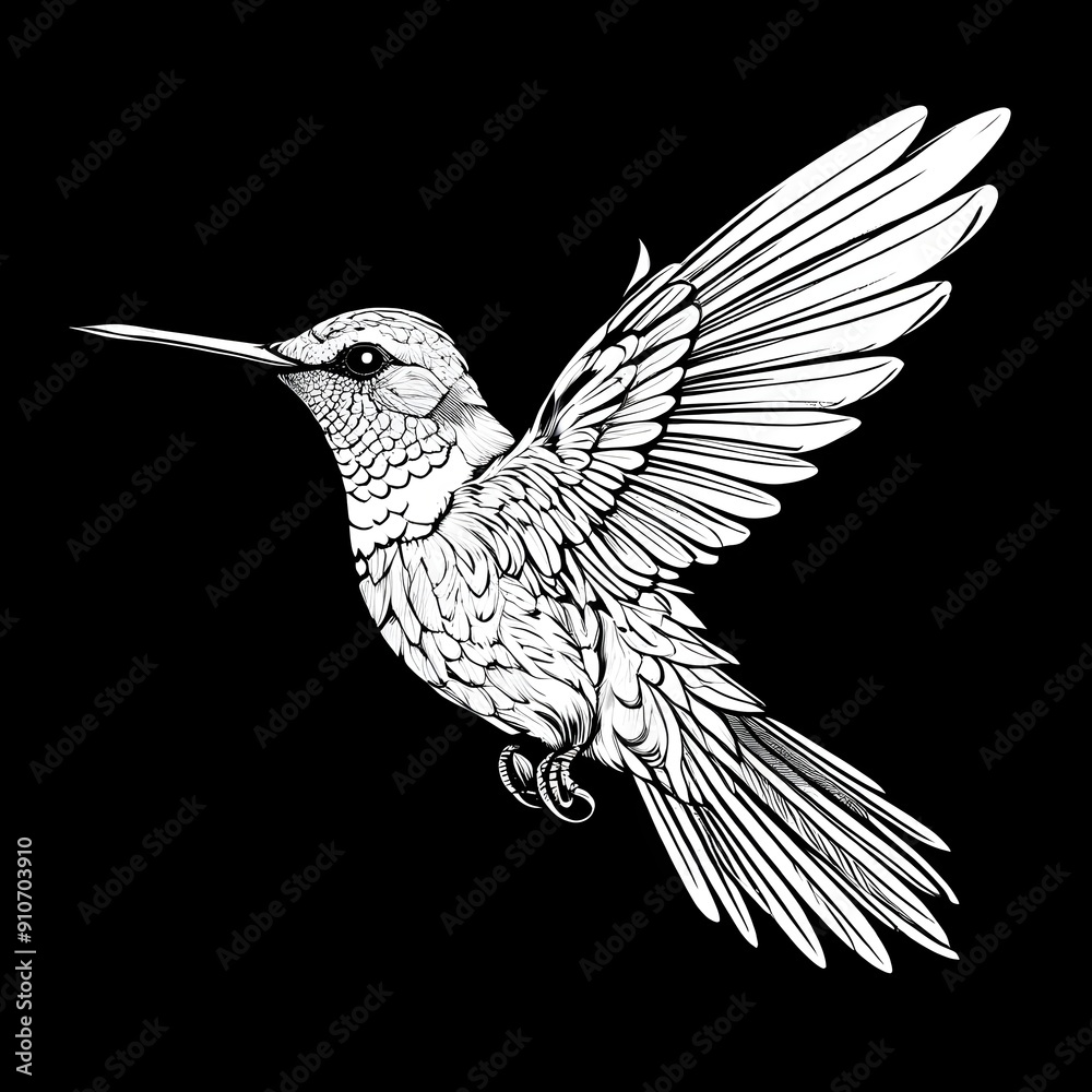hummingbird on a black background Black and white line art of a ...