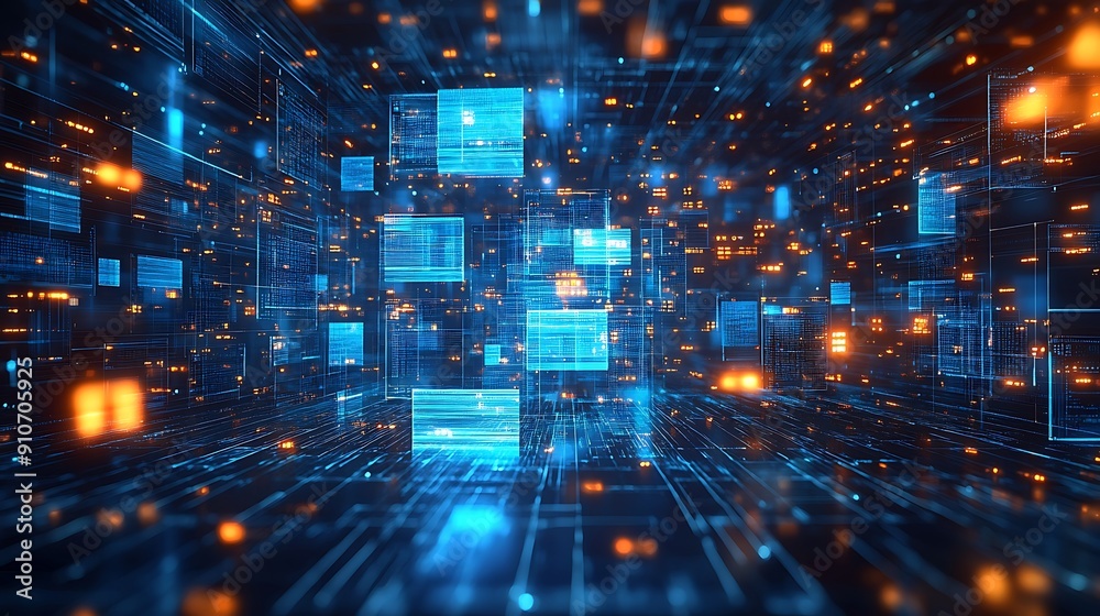 Abstract network grid with files and folders, futuristic software ...