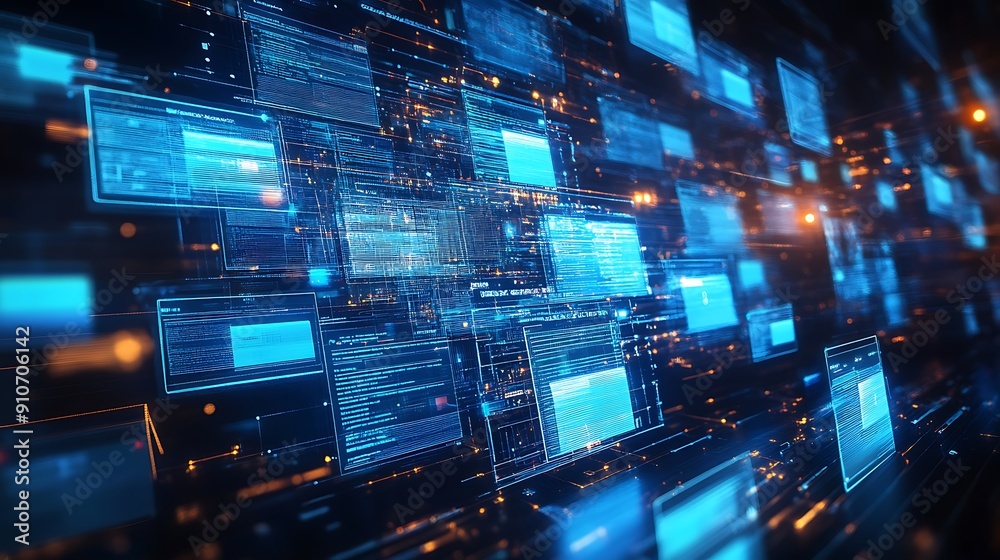 Abstract network grid with files and folders, futuristic software ...