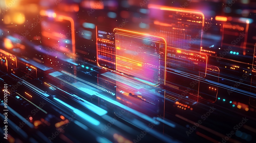 Abstract network grid with files and folders, futuristic software interface, digital document ...