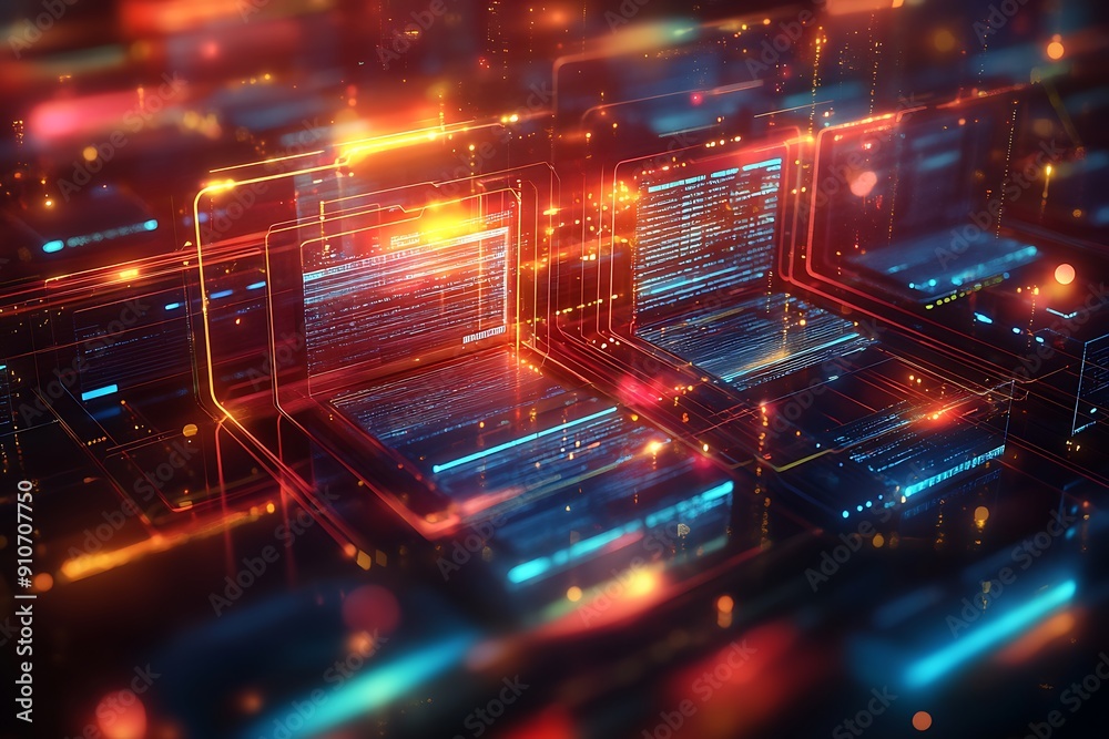 Abstract network grid with files and folders, futuristic software interface, digital document ...