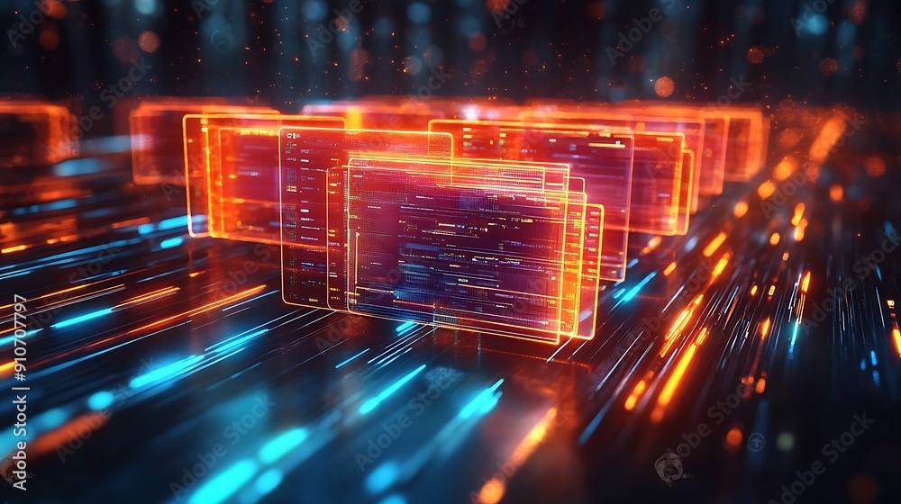 Abstract network grid with files and folders, futuristic software ...