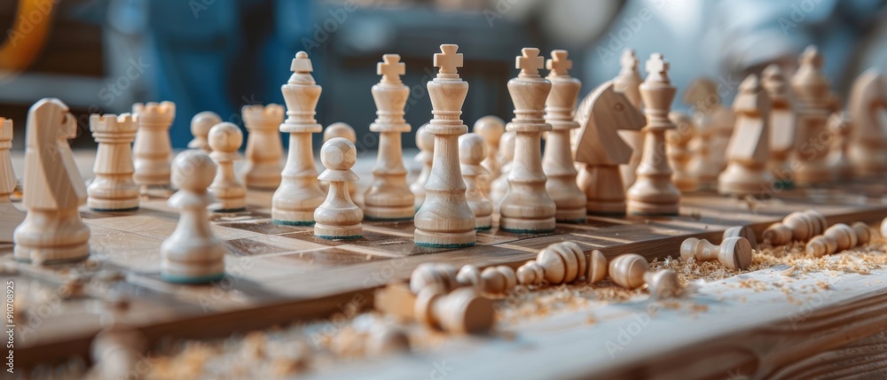 Artisan Crafting a Detailed Wooden Chess Set - Close-up of Skilled Game ...