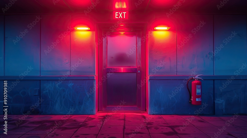 Emergency exit door with bright exit sign above and fire extinguisher ...