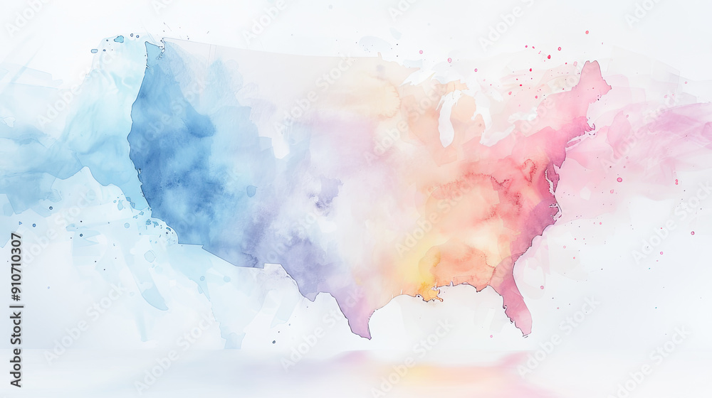 Watercolor map of the United States of America in shades of blue pink ...