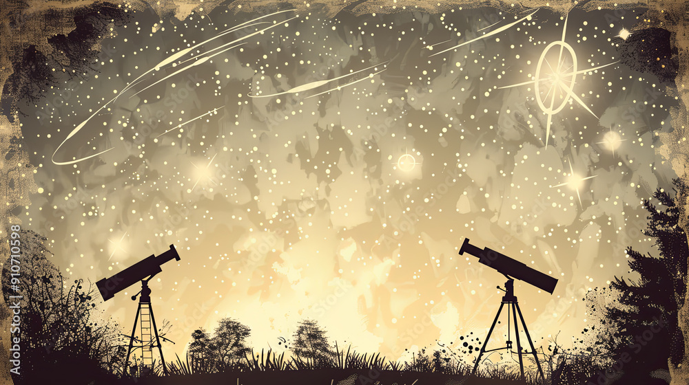 Romantic night sky background silhouettes of telescopes astronomy space ...