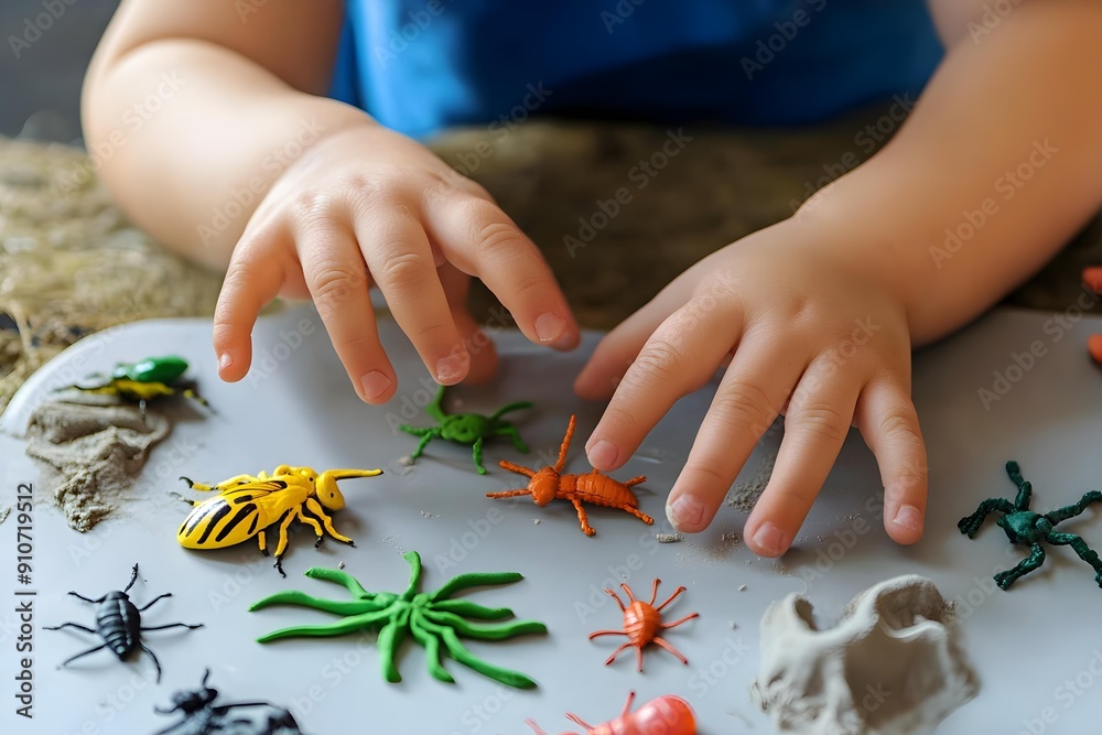 Child hands playing with toy insects. Educational game Bug Fossils made ...