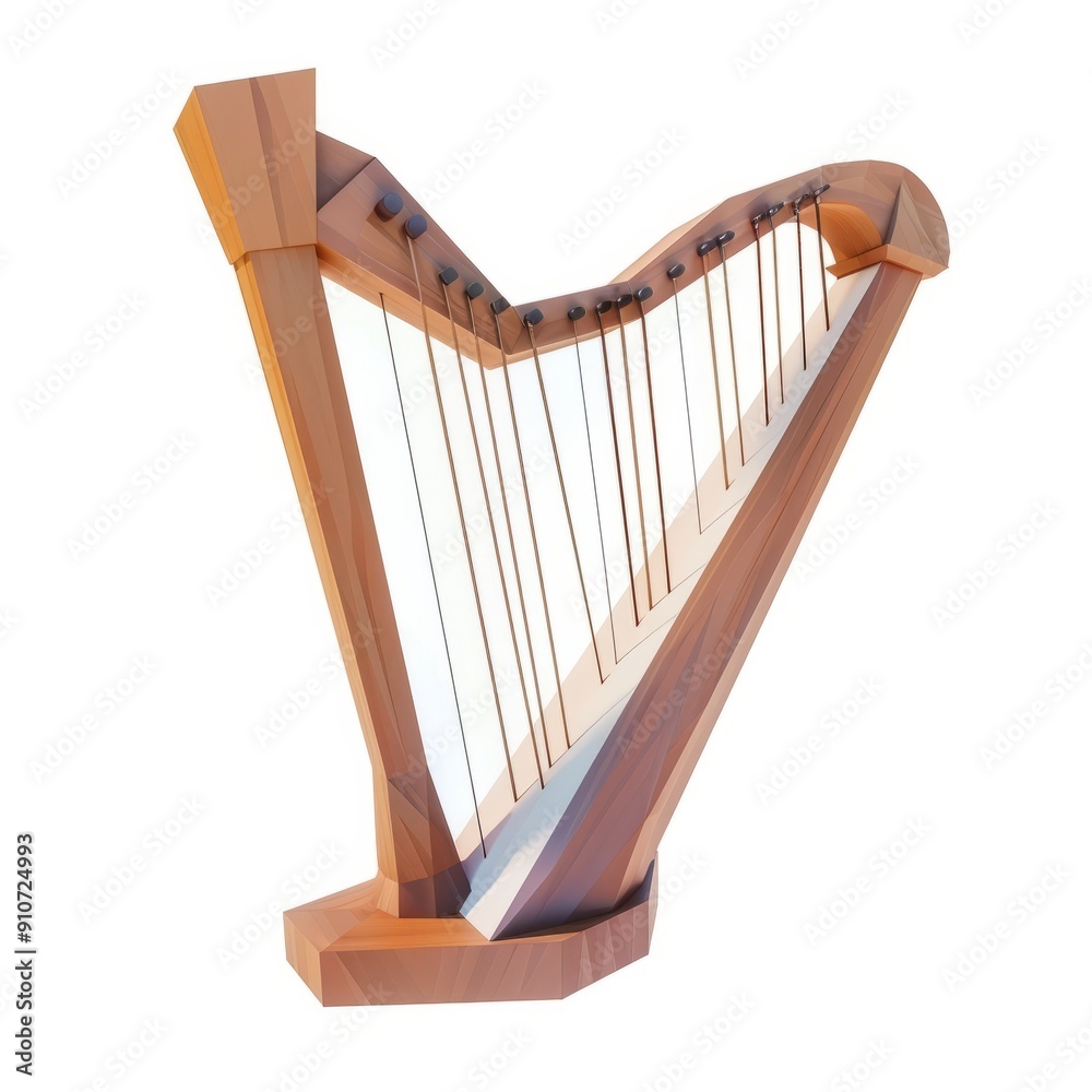 3D Render, Low Poly style of a medieval harp with wooden strings and a ...