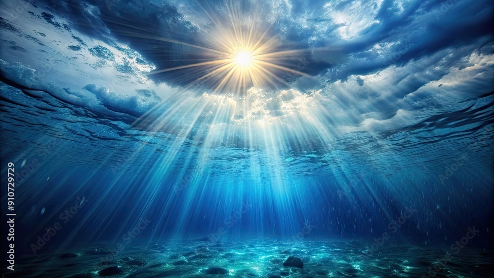 Underwater shot looking up at the sun with rain falling on the water ...