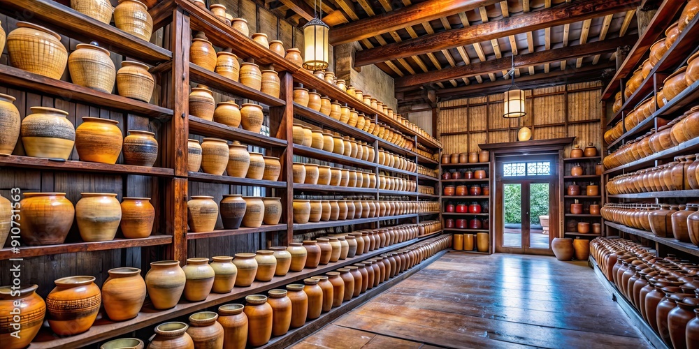 Traditional Chinese rice wine shop with rows of fermenting jars ...