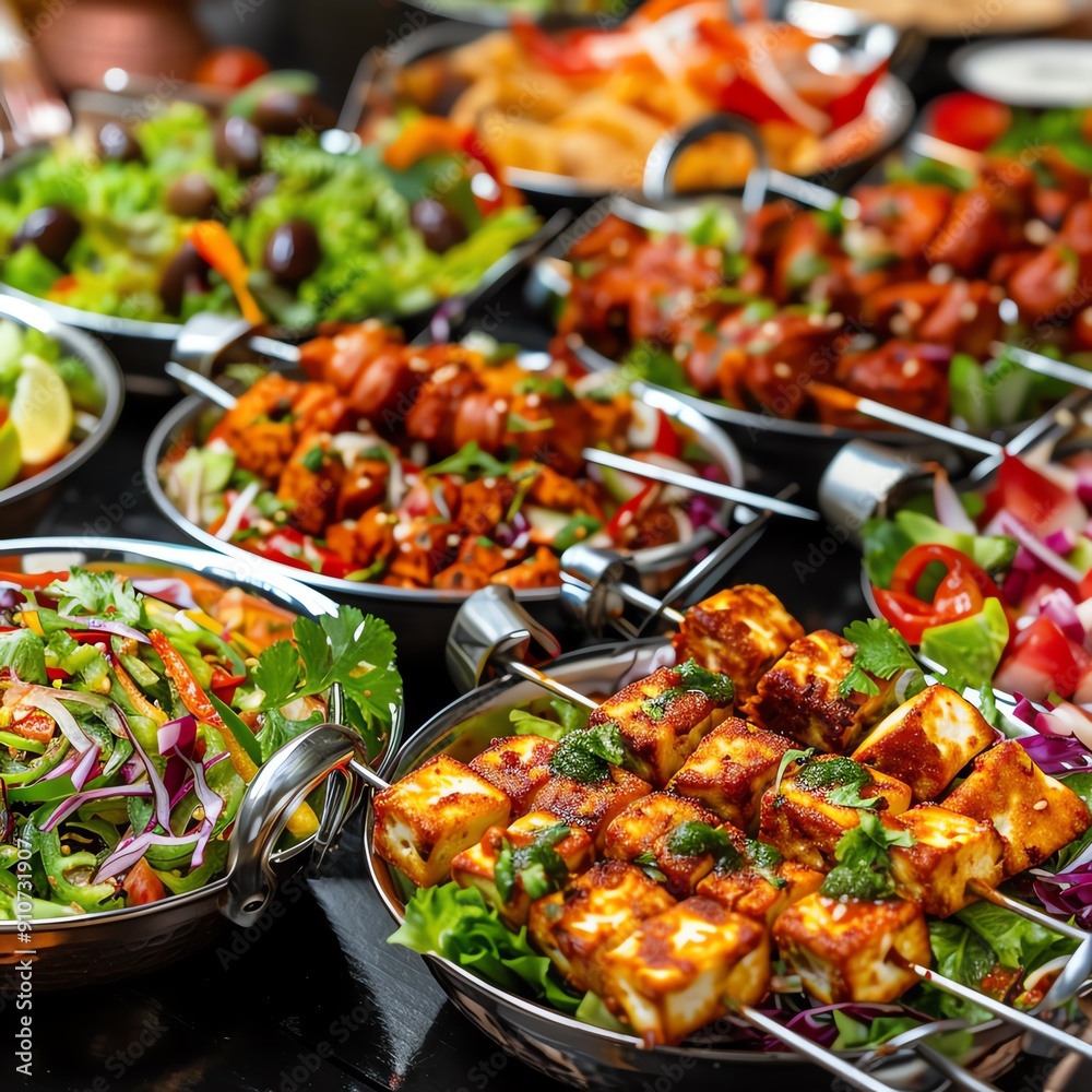Traditional Indian buffet with roasted paneer skewers and colorful ...
