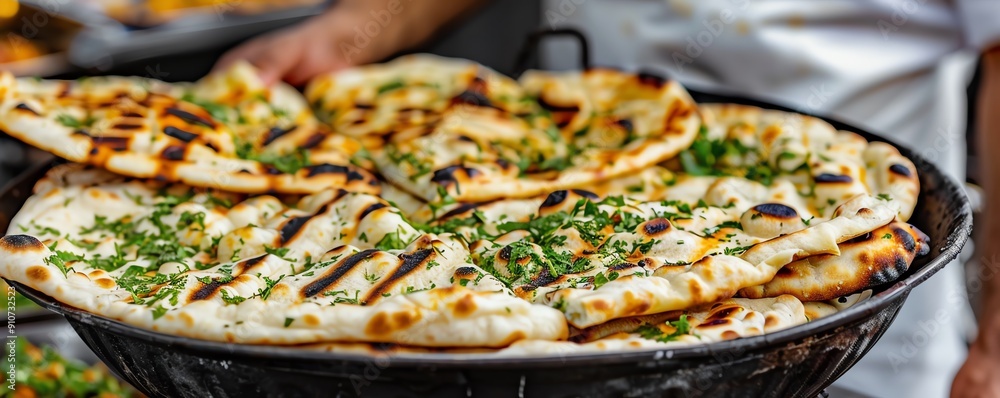 Chef preparing roasted naan bread in a tandoor at an Indian buffet ...