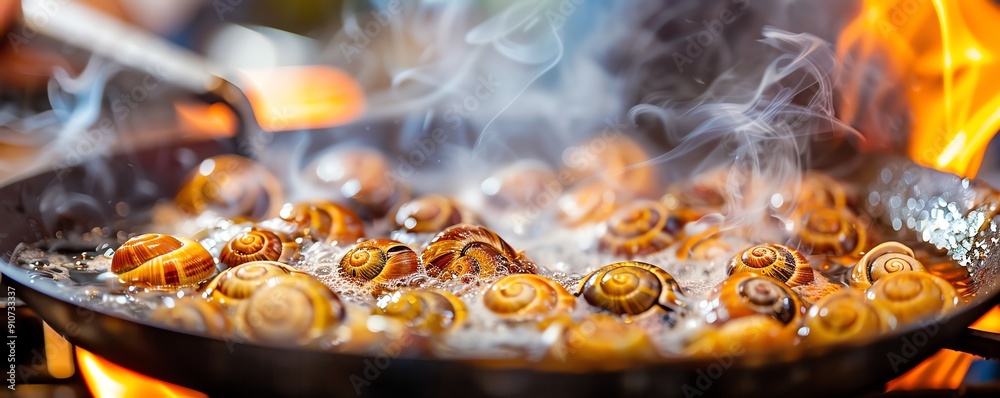 Fine French dining with a chef boiling snails for an exquisite escargot ...
