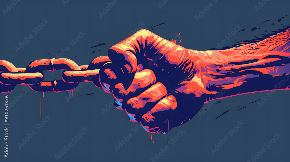 Strong hand with fist clinched, struggling for freedom against theme ...