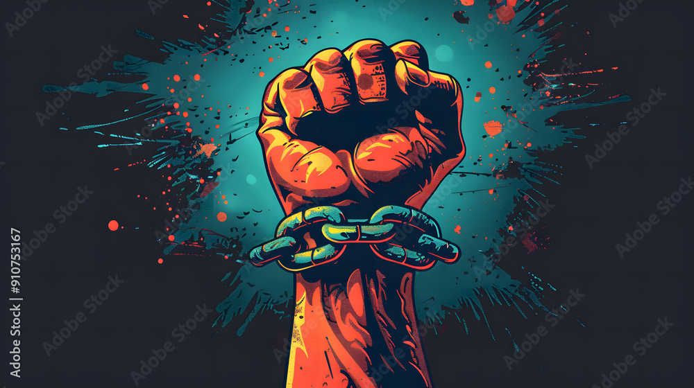 Strong hand with fist clinched, struggling for freedom against theme ...