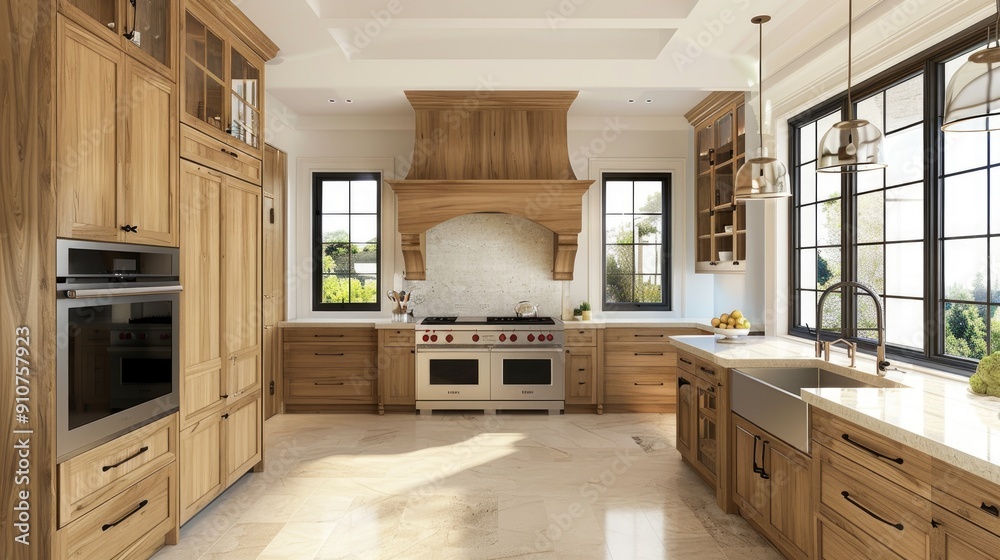 Traditional kitchen with white oak shaker cabinets, travertine ...