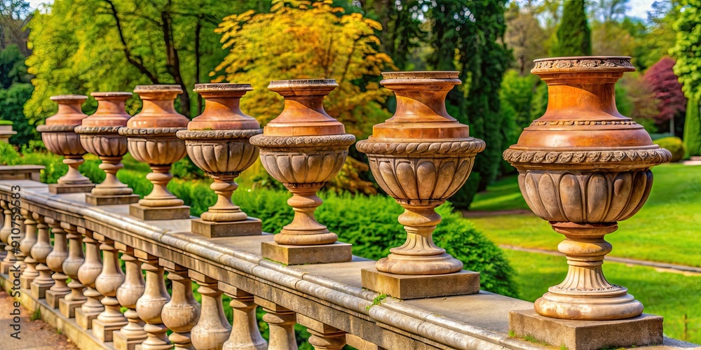 Decorative balustrade with ornate vases in a park setting, outdoor ...