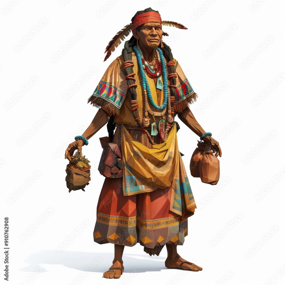 3D Render, Low Poly style of a tribal healer with herbal pouches and ...